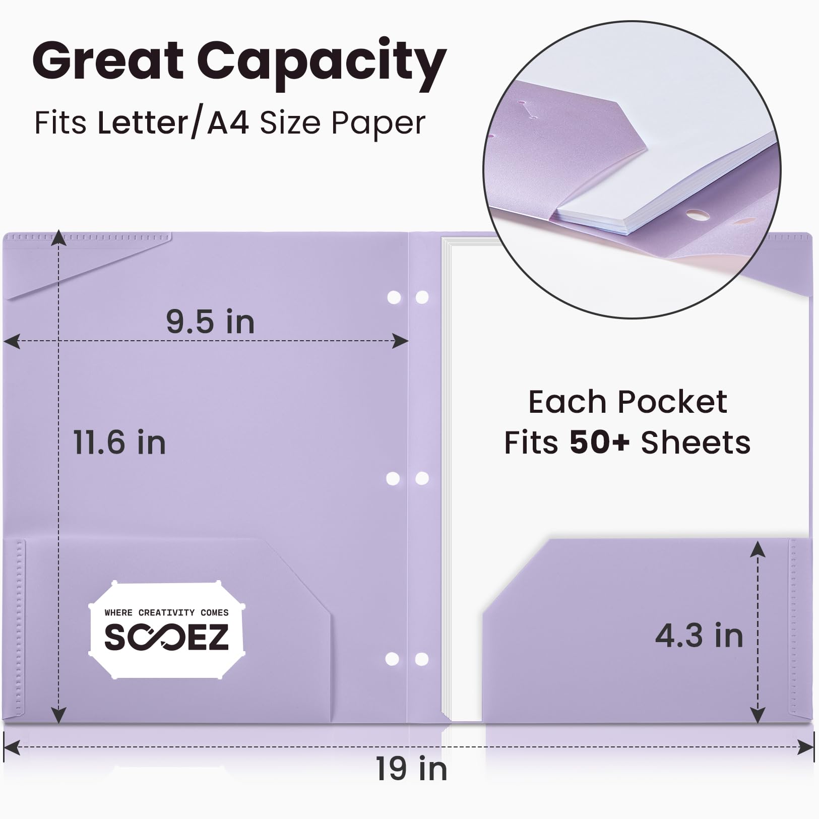 Sooez Plastic Pocket Folders with Reference Guide, 5 Pack Heavy Duty Folders with Pockets, 4 Pocket Folders with Pockets 3 Hole Punched, Stores Well in 3-Ring Binders, 5 Primary Colors
