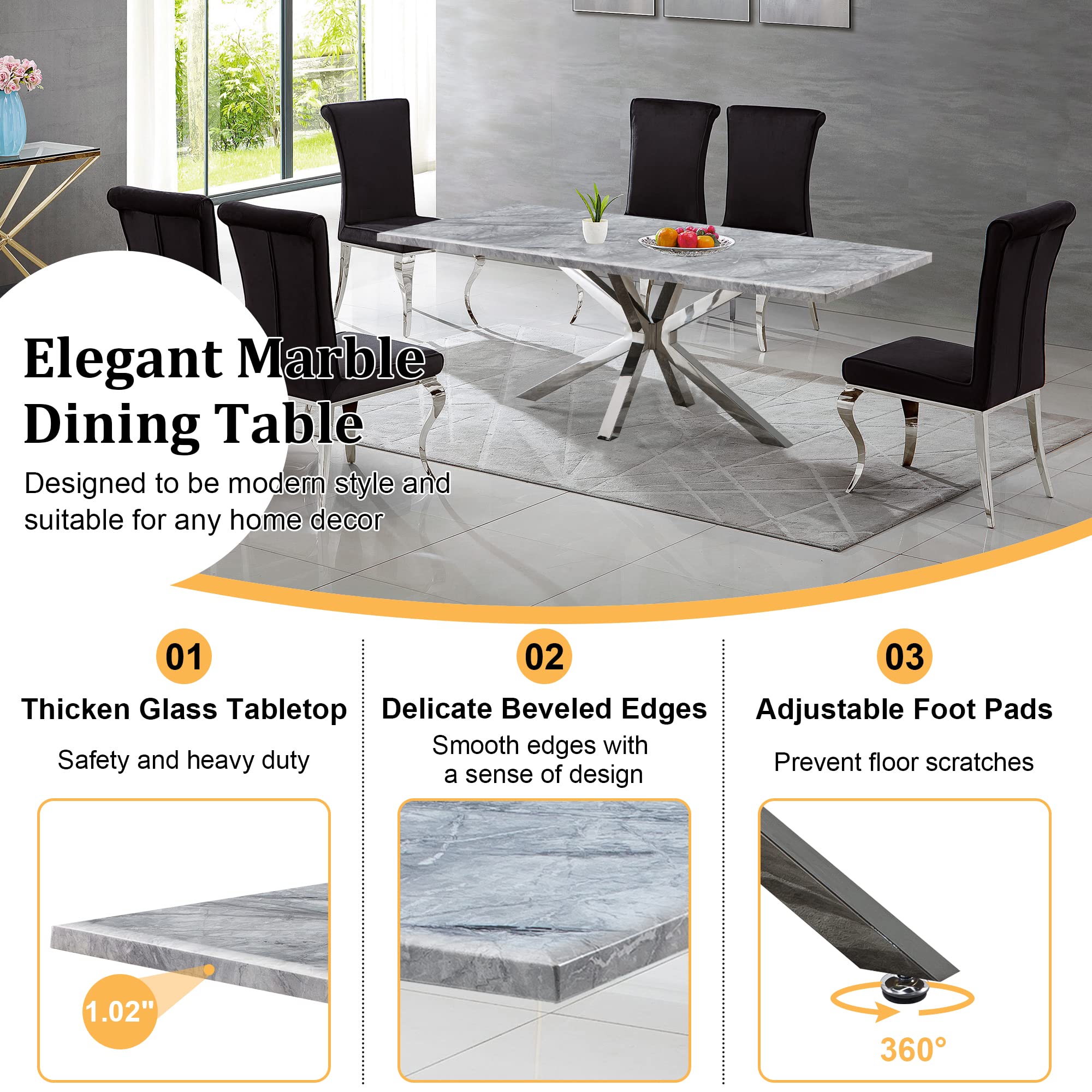 Pvillez Grey Marble Dining Table for 8-10 Person, 78" Rectangle Marble Top Dining Table with Gloss Silver Stainless Steel Pedestal Base, Mid Century Modern Dining Table for Kitchen Dining Room Dinner
