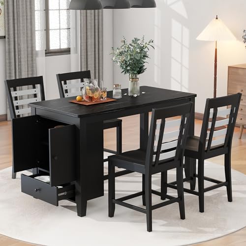 Aiuyesuo Rustic 5-Piece Dining Table Set with Faux Marble Tabletop, Rectangle Dining Table with Storage Cabinet and Drawer, Solid Wood Counter Height Table Set for Dining Room Kitchen (Black-SGH05)