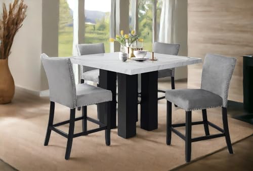 Liveasy Furniture 5-Piece Marble Dining Table Set for 4, Counter Height Dining Table Set with 4 Counter Height Chairs (Grey)