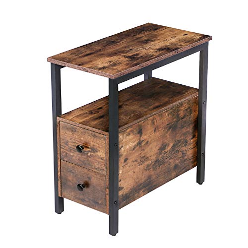 HOOBRO End Table, Narrow Chairside Table with Drawer and Open Storage Shelf, Nightstand for Small Spaces, Stable and Sturdy Construction, Wood Look Accent Furniture, Rustic Brown and Black BF548BZ01G2