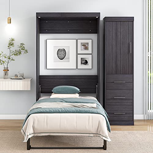 FIQHOME Twin Size Murphy Bed with Wardrobe and Drawers, Twin Storage Bed, can be Folded into a Cabinet,Wood Bedframe for Kids and Adults, Bedroom, Dorm, No Box Spring Required(Gray)