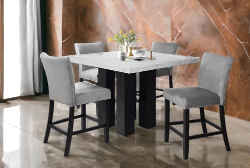 Liveasy Furniture 5-Piece Marble Dining Table Set for 4, Counter Height Dining Table Set with 4 Counter Height Chairs (Grey)