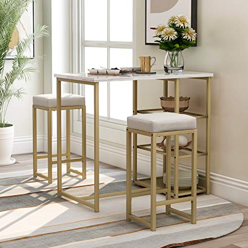 FIQHOME Dining Table Faux Marble Countertop and 2 Padded Stools,3-Piece Modern Pub Set with 3 Storage Shelves for Living Room,Restaurant,Bar,White+Gold