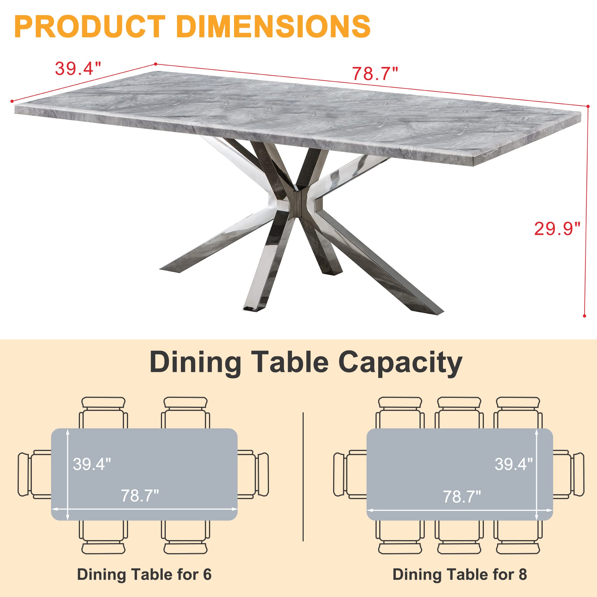 Pvillez Grey Marble Dining Table for 8-10 Person, 78" Rectangle Marble Top Dining Table with Gloss Silver Stainless Steel Pedestal Base, Mid Century Modern Dining Table for Kitchen Dining Room Dinner