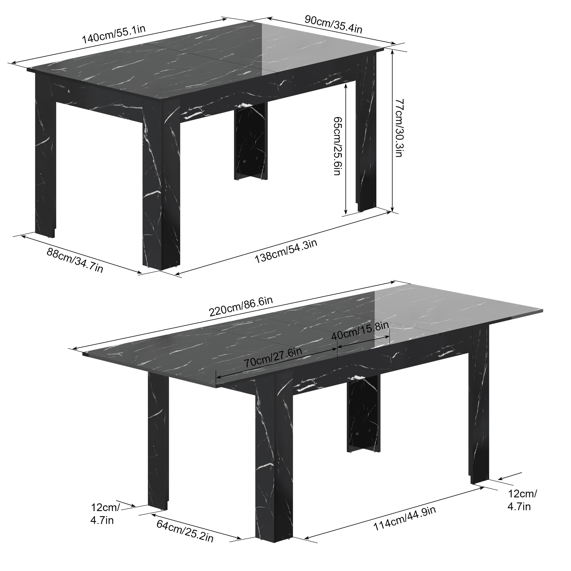 Fingertip WD Extendable Dining Table for 6-10 Person, Wooden Dining Room Table, Modern Extendable Table for Small Kitchens, Dining(Black Marble)