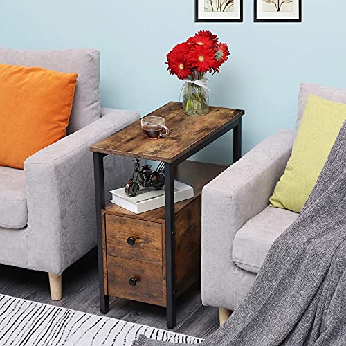 HOOBRO End Table, Narrow Chairside Table with Drawer and Open Storage Shelf, Nightstand for Small Spaces, Stable and Sturdy Construction, Wood Look Accent Furniture, Rustic Brown and Black BF548BZ01G2