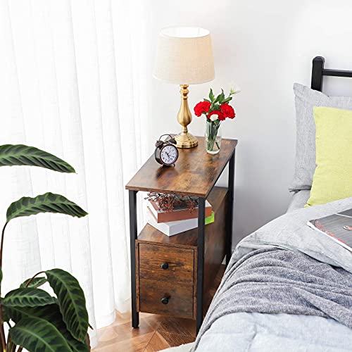 HOOBRO End Table, Narrow Chairside Table with Drawer and Open Storage Shelf, Nightstand for Small Spaces, Stable and Sturdy Construction, Wood Look Accent Furniture, Rustic Brown and Black BF548BZ01G2