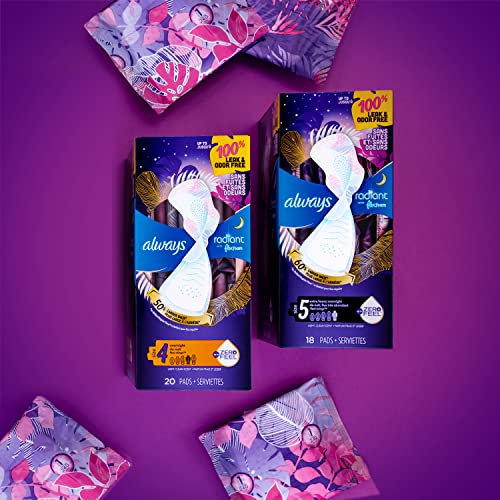 Always Radiant Feminine Pads For Women, Size 4 Overnight Absorbency, Multipack, With Flexfoam, With Wings, Scented, 20 Count x 3 Packs (60 Count total)
