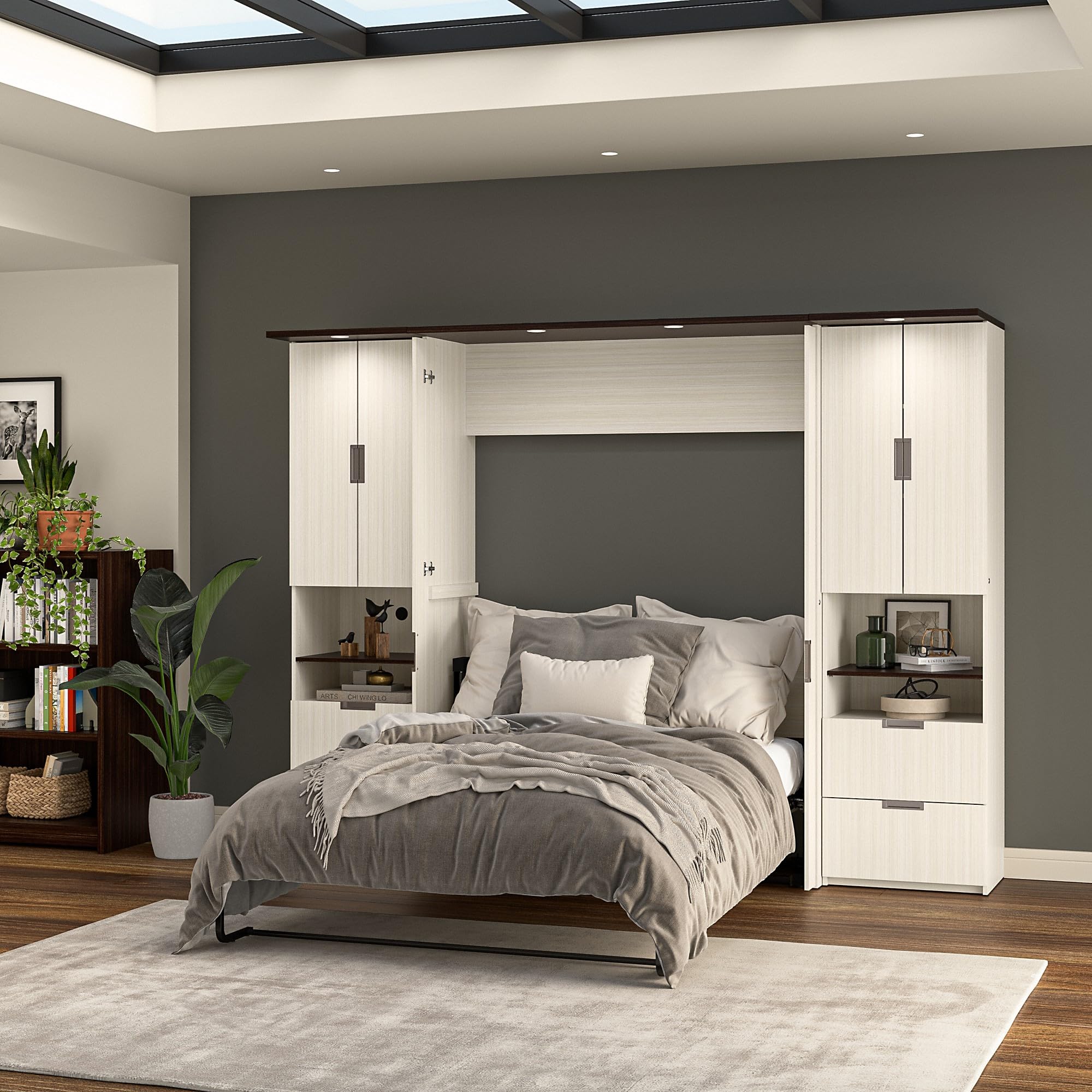 Bestar Lumina 107W Full Murphy Bed with Desk and 2 Storage Cabinets in White Chocolate, Sleeping Arrangement with Drawers