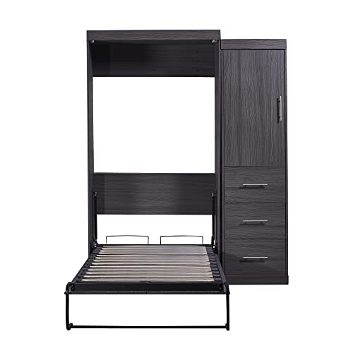 FIQHOME Twin Size Murphy Bed with Wardrobe and Drawers, Twin Storage Bed, can be Folded into a Cabinet,Wood Bedframe for Kids and Adults, Bedroom, Dorm, No Box Spring Required(Gray)