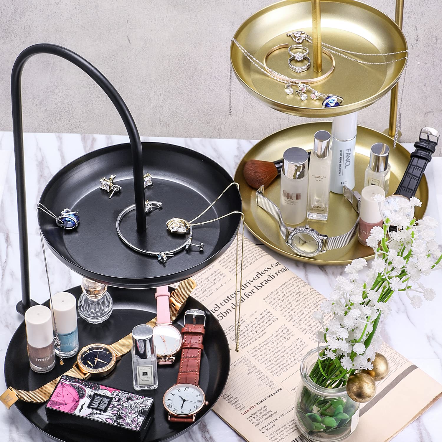 ManChDa 2-Tier Jewelry Tray Glod Multi Layer Necklace Holder Attractive Gold Jewelry Storage Display Stand Double Jewelry Organizer Table Storage Tray for Key, Bracelet & Ring