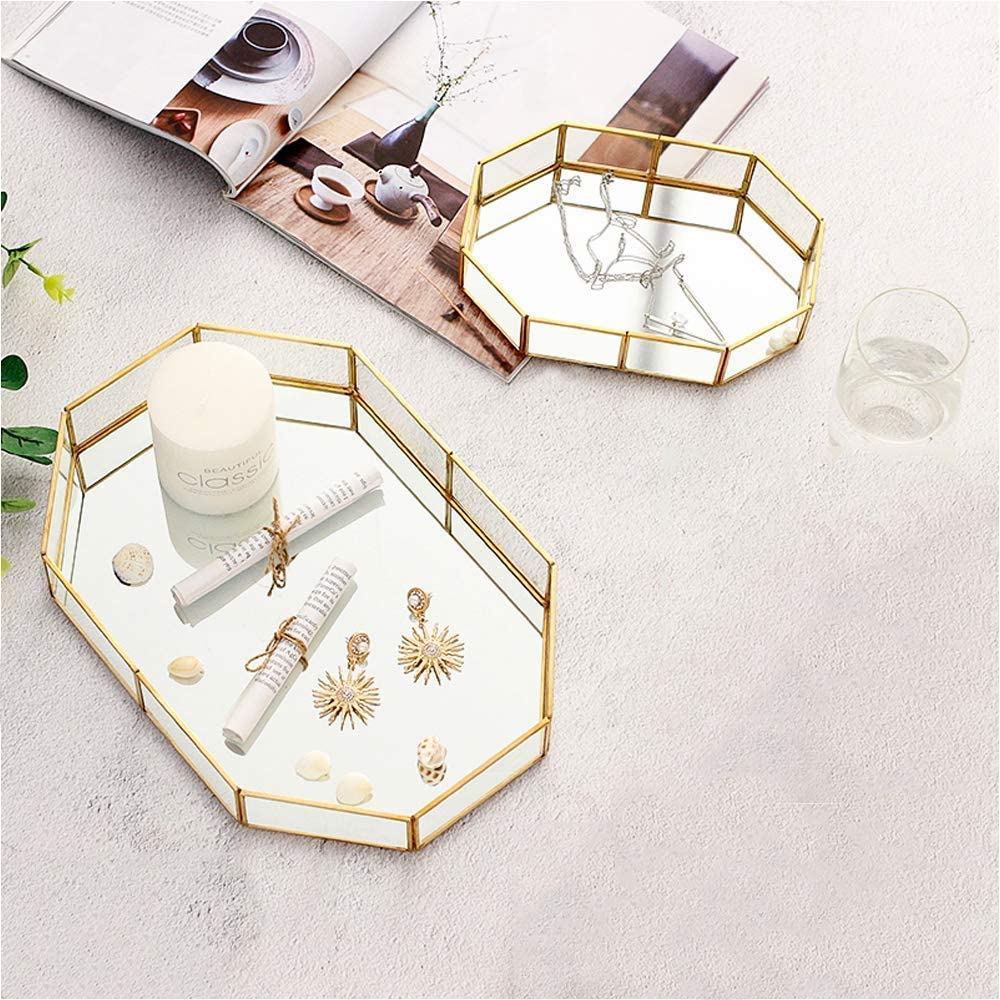 Decorative Metal Mirror Catchall Tray, Glass Vanity Tray, Dresser Tray, Jewelry Display Tray, Vanity Organizer for Accent Table, Gold Leaf Finish, 12.4x8.5x2 inches (Polygon)