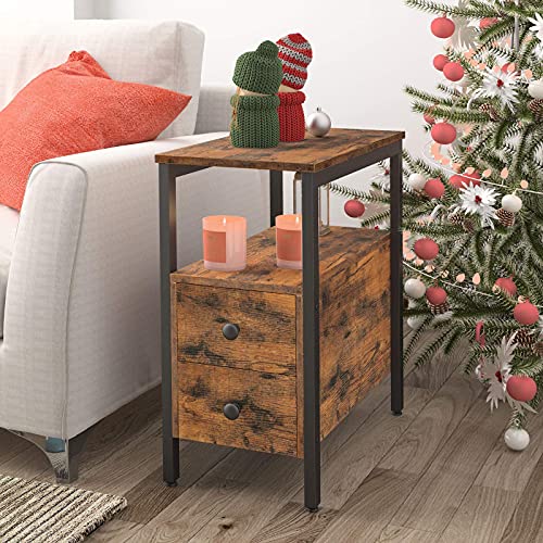 HOOBRO End Table, Narrow Chairside Table with Drawer and Open Storage Shelf, Nightstand for Small Spaces, Stable and Sturdy Construction, Wood Look Accent Furniture, Rustic Brown and Black BF548BZ01G2