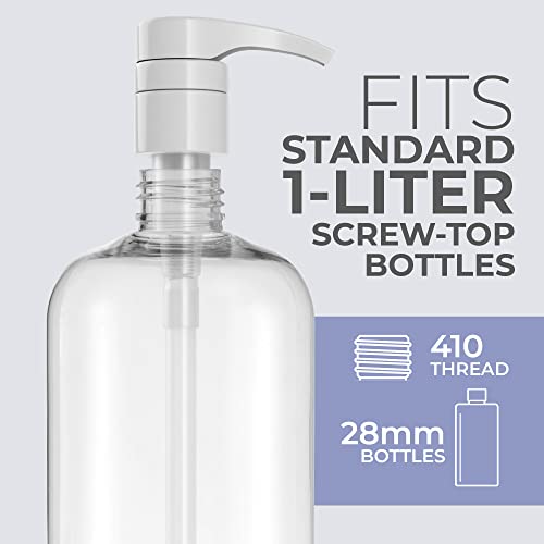 2 White Replacement Pumps for 1 Liter (33.8oz) Bottles, Shampoo and Conditioner with Extra Long Tube (Easy to Cut - to Fit Shorter Bottles)