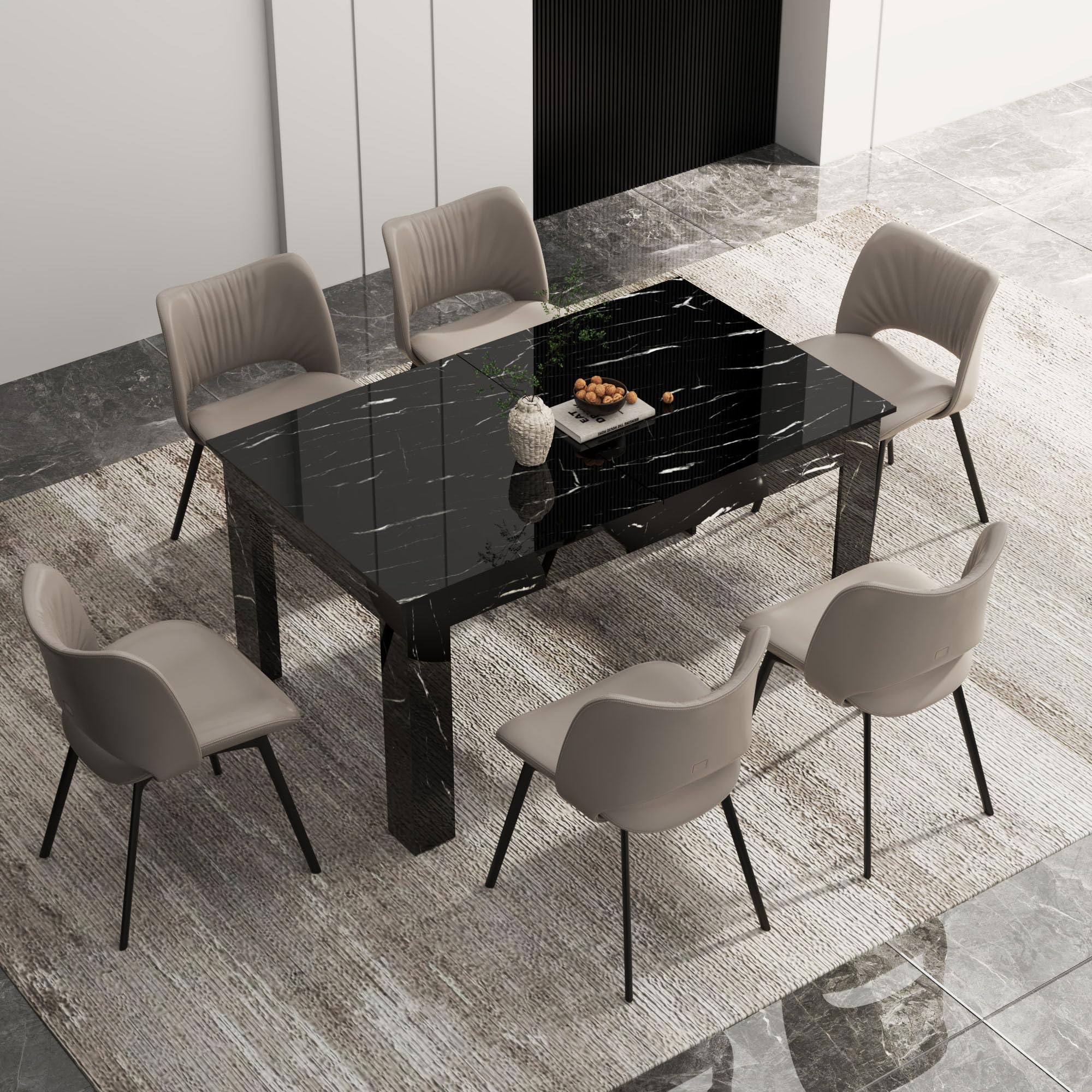 Fingertip WD Extendable Dining Table for 6-10 Person, Wooden Dining Room Table, Modern Extendable Table for Small Kitchens, Dining(Black Marble)