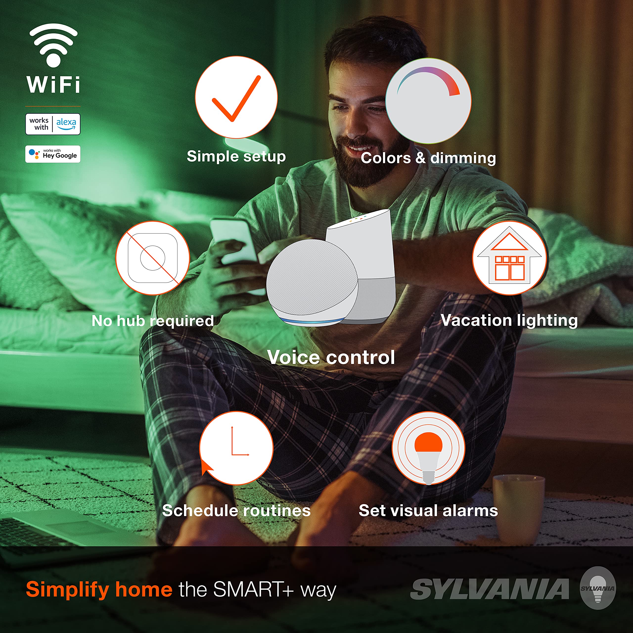 SYLVANIA Wifi LED Smart Light Bulb, 60W Equivalent Full Color and Tunable White A19, Dimmable, Compatible with Alexa and Google Home Only - 4 Pack (75674)