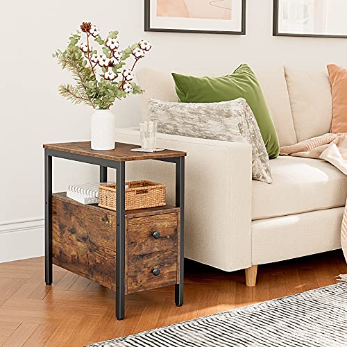 HOOBRO End Table, Narrow Chairside Table with Drawer and Open Storage Shelf, Nightstand for Small Spaces, Stable and Sturdy Construction, Wood Look Accent Furniture, Rustic Brown and Black BF548BZ01G2