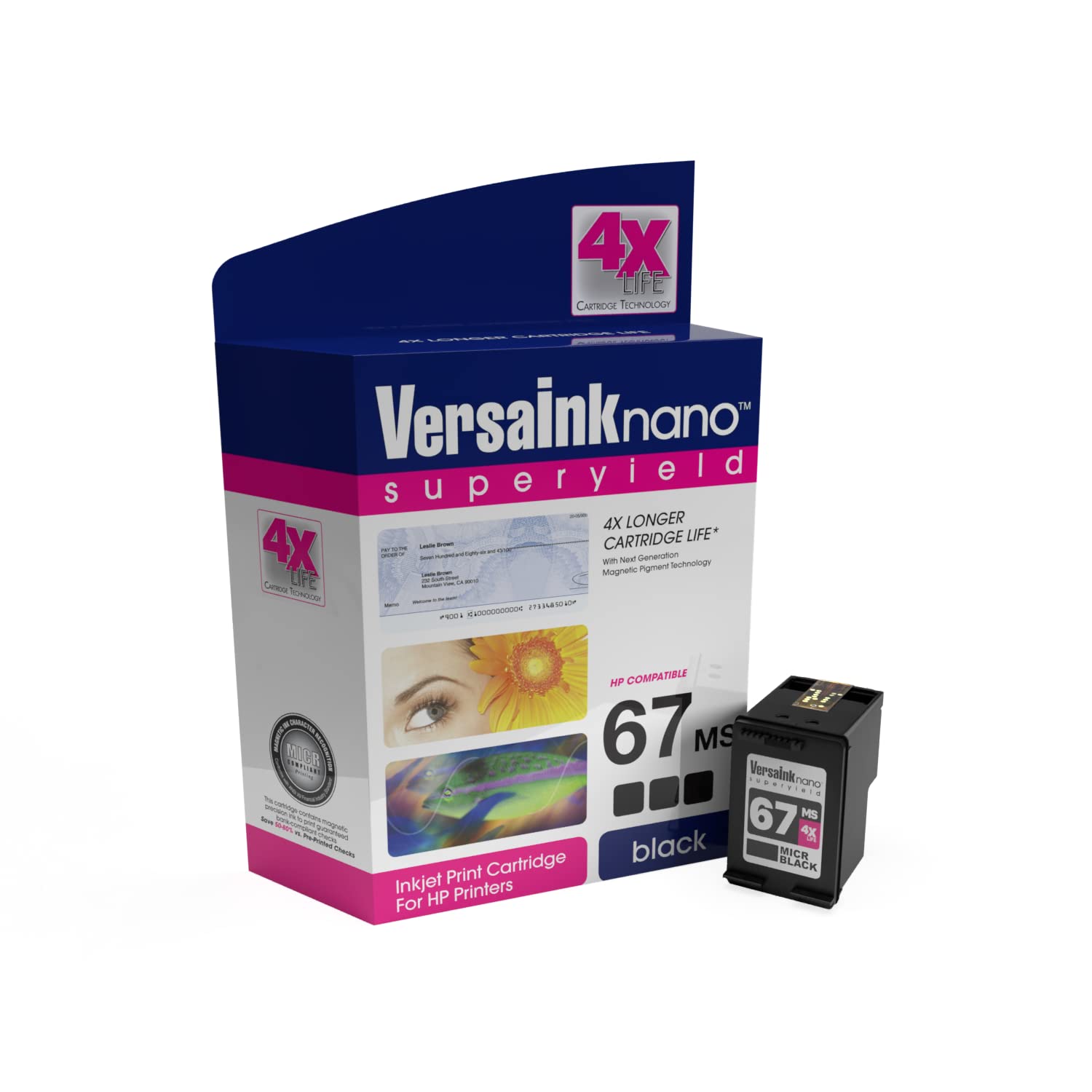 VersaInk-Nano HP 67 MS MICR Black Ink Cartridge for Check Printing & VersaInk-Nano 67 CS Tri-Color Ink Cartridge Pack