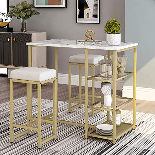 FIQHOME Dining Table Faux Marble Countertop and 2 Padded Stools,3-Piece Modern Pub Set with 3 Storage Shelves for Living Room,Restaurant,Bar,White+Gold
