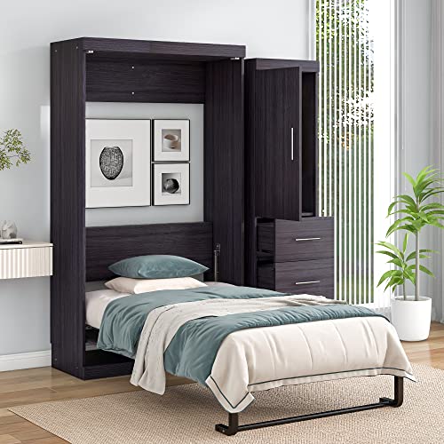 FIQHOME Twin Size Murphy Bed with Wardrobe and Drawers, Twin Storage Bed, can be Folded into a Cabinet,Wood Bedframe for Kids and Adults, Bedroom, Dorm, No Box Spring Required(Gray)