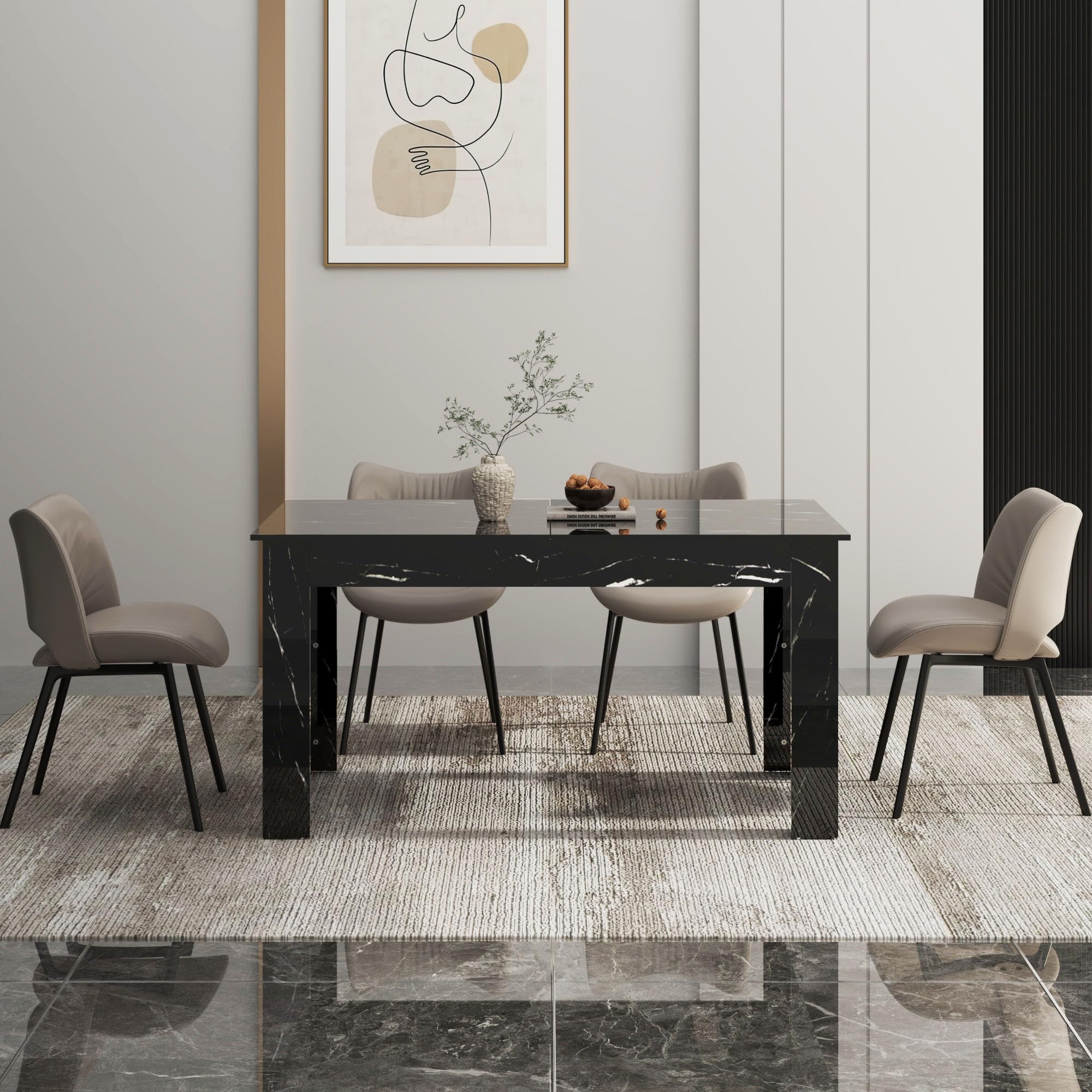 Fingertip WD Extendable Dining Table for 6-10 Person, Wooden Dining Room Table, Modern Extendable Table for Small Kitchens, Dining(Black Marble)