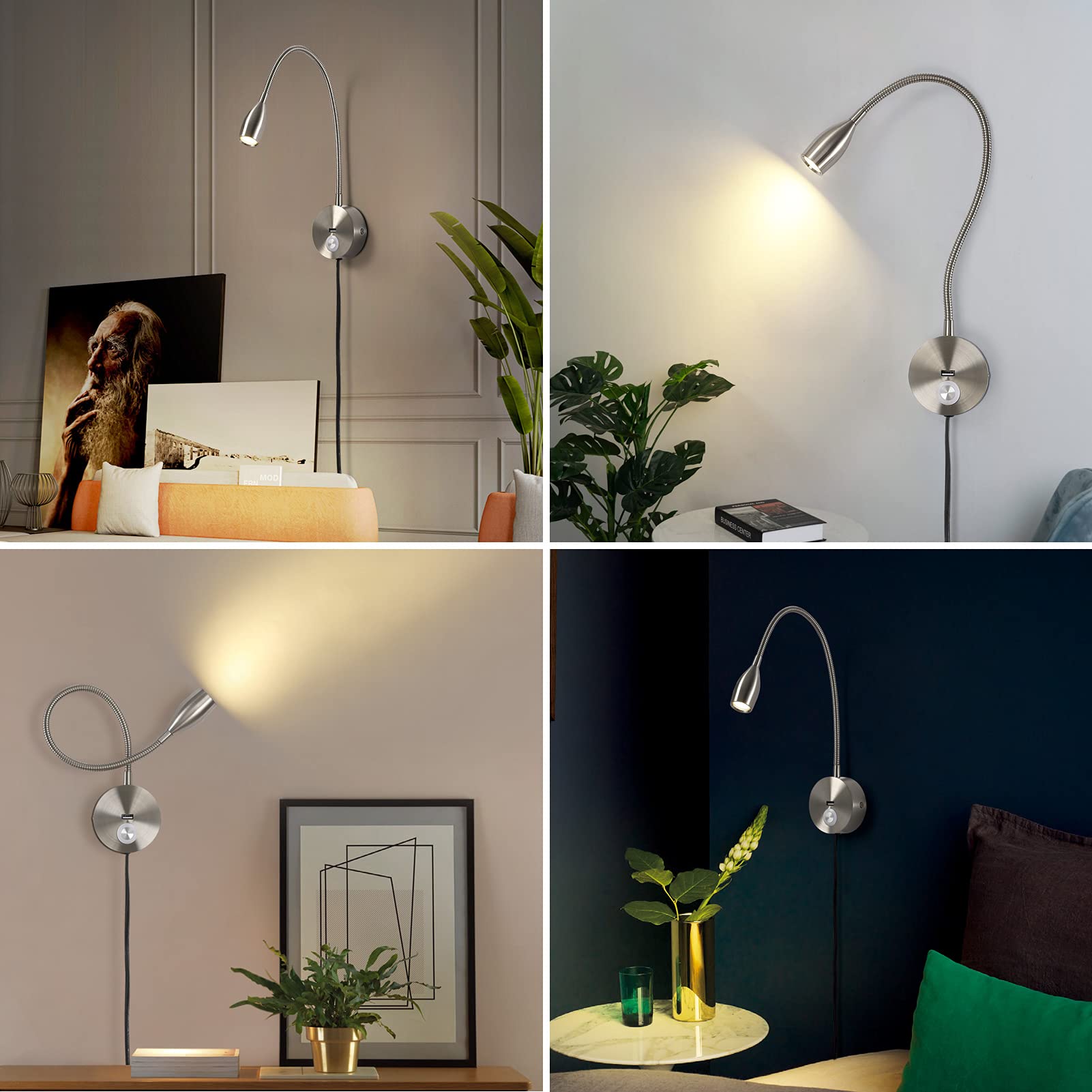 CRISETEK Reading Light Wall Mounted Reading Light headboard Touch Switch Dimmable Reading Lamp Task Directional LED Gooseneck Light AC (120V) Plug in Cable Powered 3W (Matte Black, Warm White)