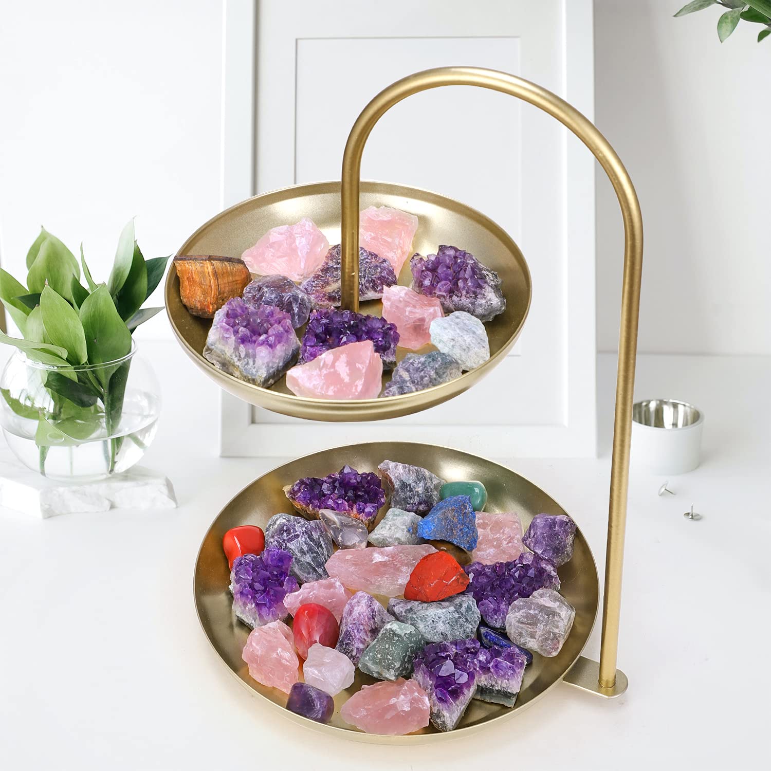 ManChDa 2-Tier Jewelry Tray Glod Multi Layer Necklace Holder Attractive Gold Jewelry Storage Display Stand Double Jewelry Organizer Table Storage Tray for Key, Bracelet & Ring