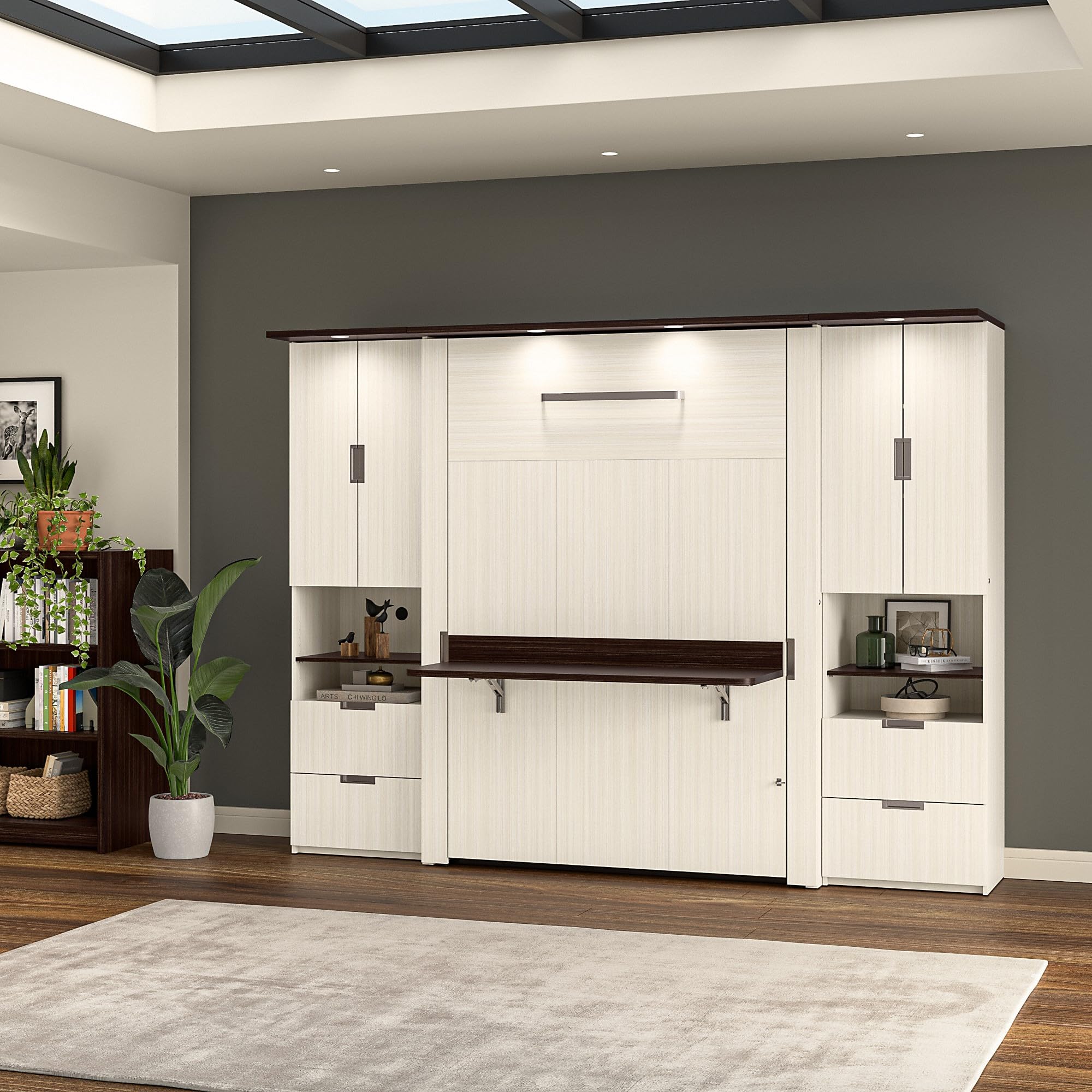 Bestar Lumina 107W Full Murphy Bed with Desk and 2 Storage Cabinets in White Chocolate, Sleeping Arrangement with Drawers