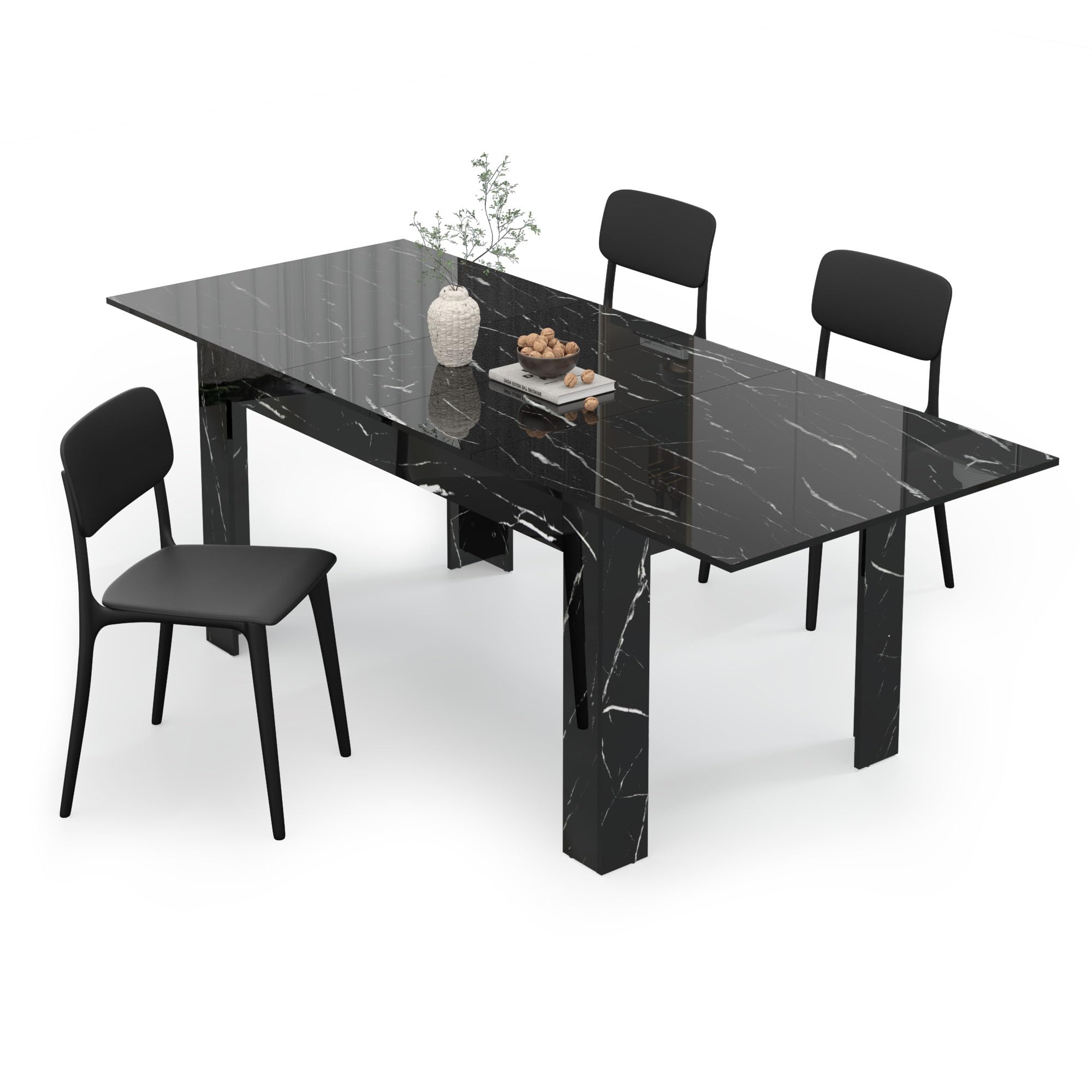 Fingertip WD Extendable Dining Table for 6-10 Person, Wooden Dining Room Table, Modern Extendable Table for Small Kitchens, Dining(Black Marble)