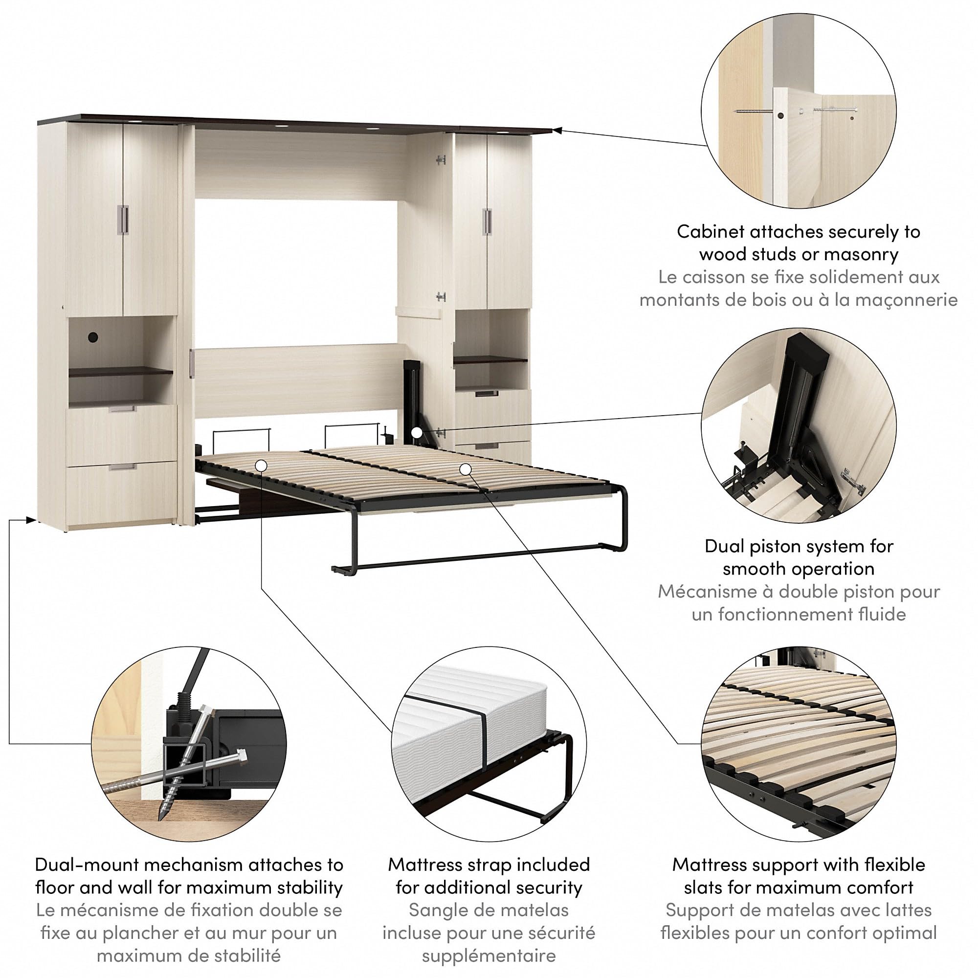 Bestar Lumina 107W Full Murphy Bed with Desk and 2 Storage Cabinets in White Chocolate, Sleeping Arrangement with Drawers