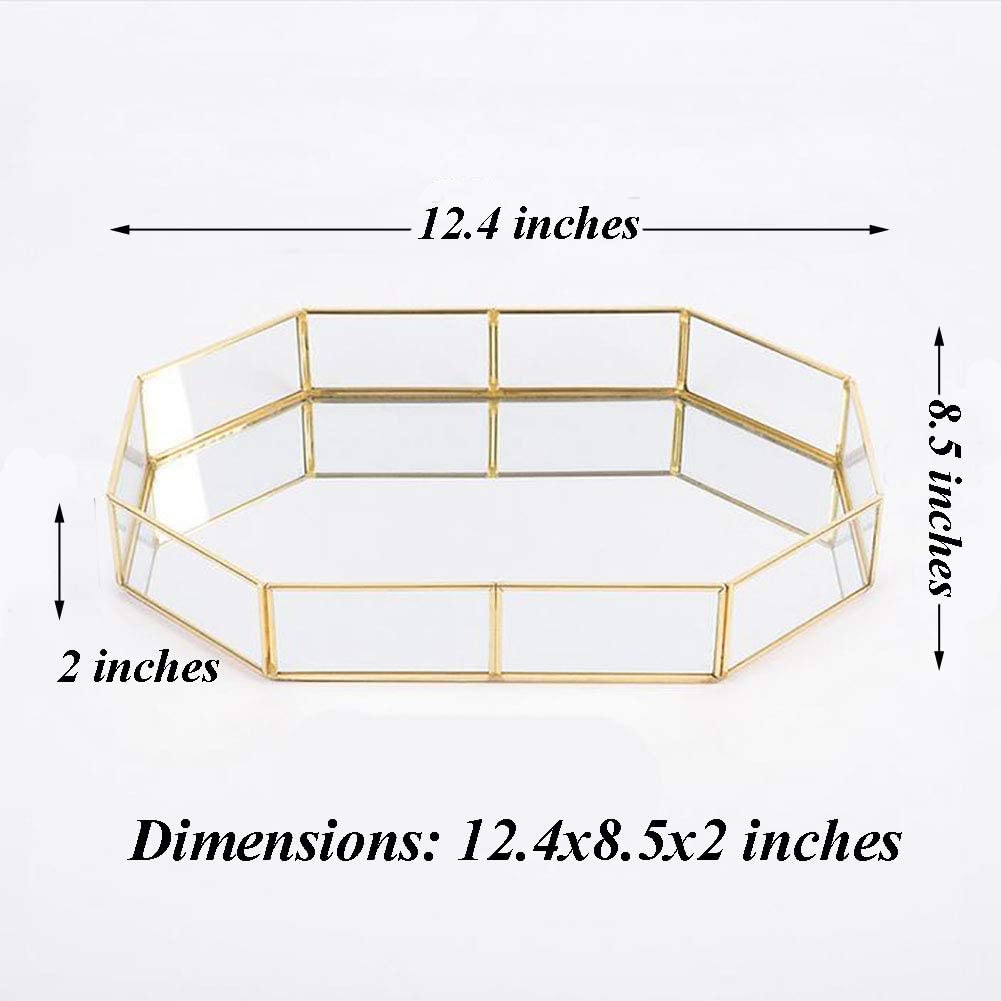 Decorative Metal Mirror Catchall Tray, Glass Vanity Tray, Dresser Tray, Jewelry Display Tray, Vanity Organizer for Accent Table, Gold Leaf Finish, 12.4x8.5x2 inches (Polygon)