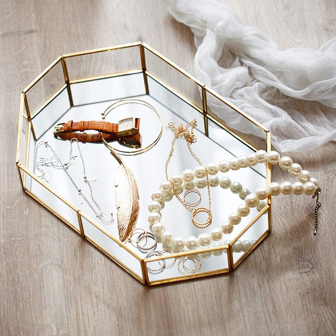 Decorative Metal Mirror Catchall Tray, Glass Vanity Tray, Dresser Tray, Jewelry Display Tray, Vanity Organizer for Accent Table, Gold Leaf Finish, 12.4x8.5x2 inches (Polygon)