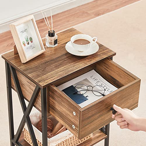 VECELO Modern Versatile Nightstands X-Design Side End Table Night Stand Storage Shelf with Bin Drawer for Living Room Bedroom, Set of 2 (Brown)