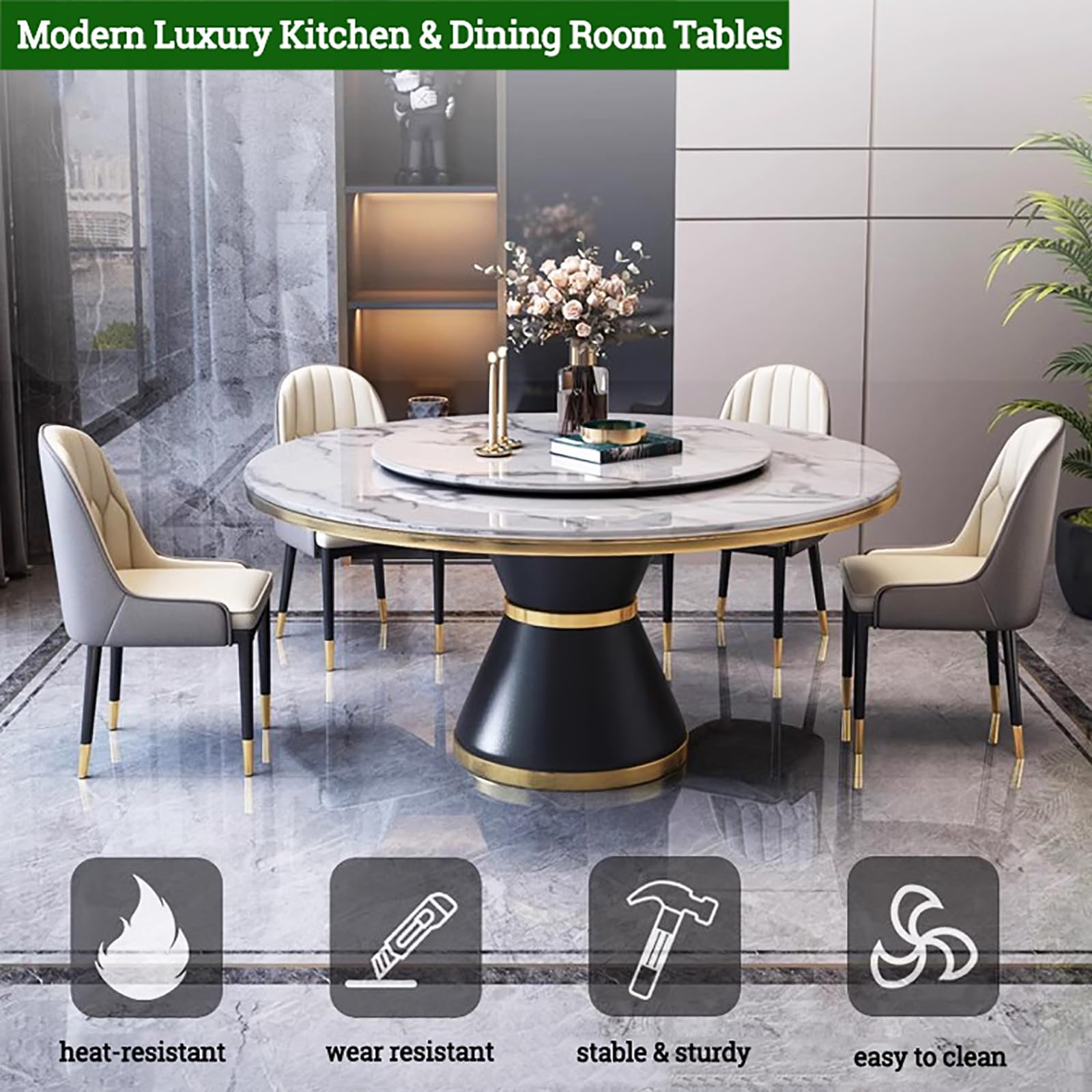 Round Marble Dining Table with Lazy Susan,Luxury Style Kitchen & Dining Room Tables with Metal Base,Modern Circular Pedestal Dining Table - Table Only(51" L x 51" W x 29.5" H, White)