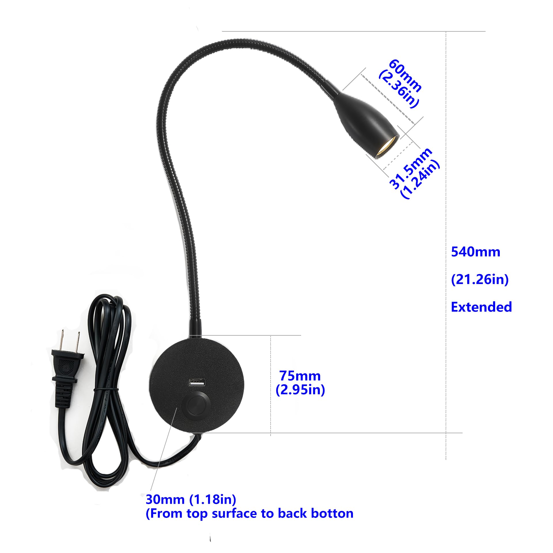 CRISETEK Reading Light Wall Mounted Reading Light headboard Touch Switch Dimmable Reading Lamp Task Directional LED Gooseneck Light AC (120V) Plug in Cable Powered 3W (Matte Black, Warm White)