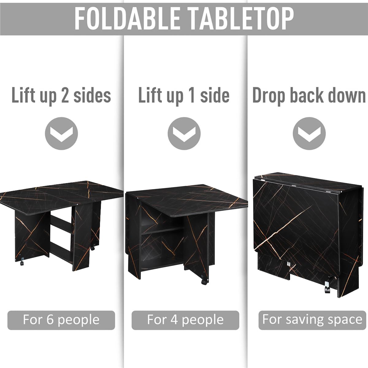 VANSPACE Folding Dining Table Drop Leaf Kitchen Table with Storage for Small Spaces Multifunction Space Saving Table Extension Dinner Table Black Marble