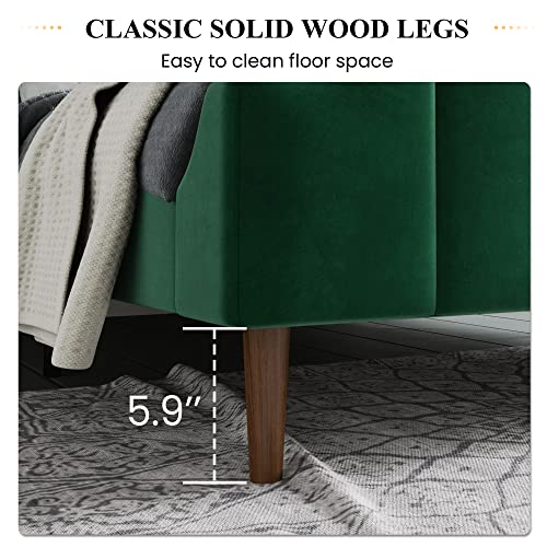 SHA CERLIN Wood Queen Size Bed Frame with Modern Curved Upholstered Wingback Headboard / Heavy Duty Platform Bed with Strong Wood Slat Support / Green