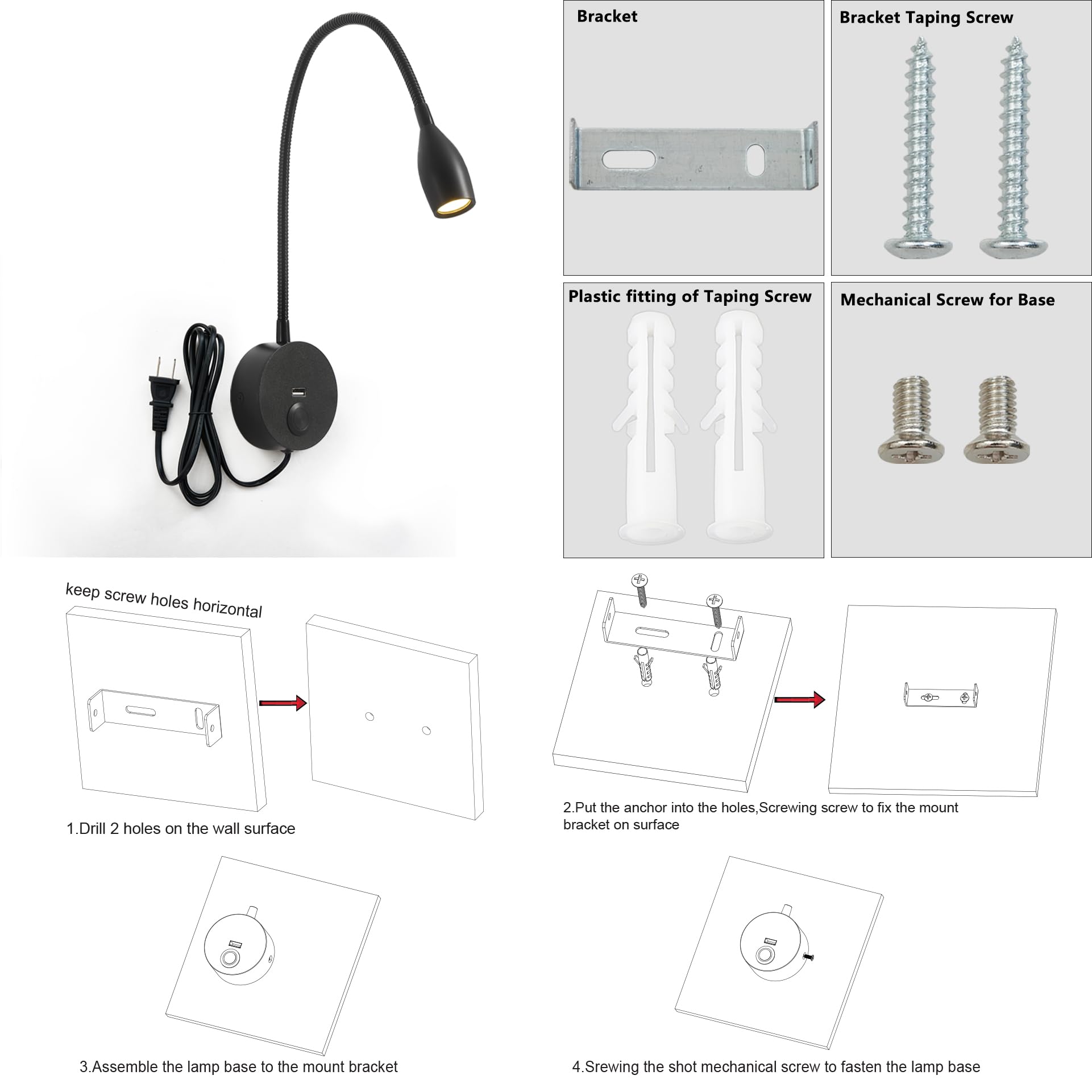 CRISETEK Reading Light Wall Mounted Reading Light headboard Touch Switch Dimmable Reading Lamp Task Directional LED Gooseneck Light AC (120V) Plug in Cable Powered 3W (Matte Black, Warm White)