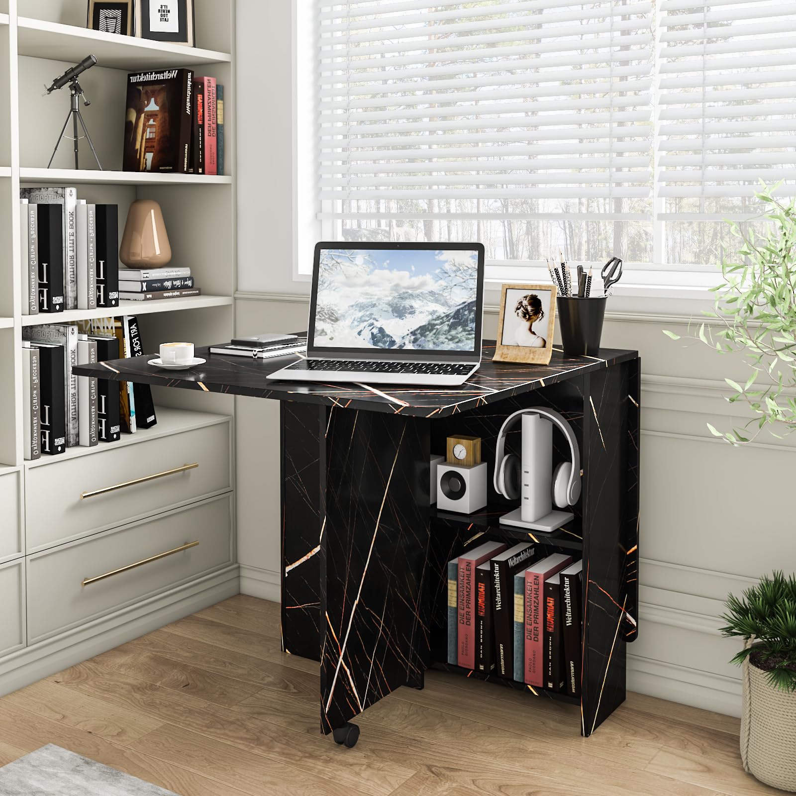 VANSPACE Folding Dining Table Drop Leaf Kitchen Table with Storage for Small Spaces Multifunction Space Saving Table Extension Dinner Table Black Marble