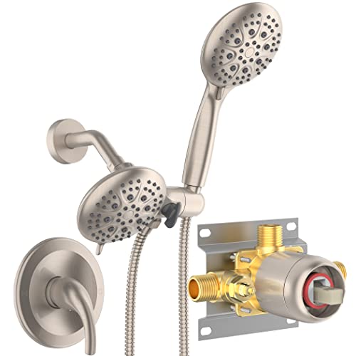 SR SUN RISE Shower System with Handheld Shower and Rain Shower Combo Set High Pressure 5-spray Dual 2 in 1 Shower Faucet Patented 3-way Diverter Brushed Nickel (Valve Include)