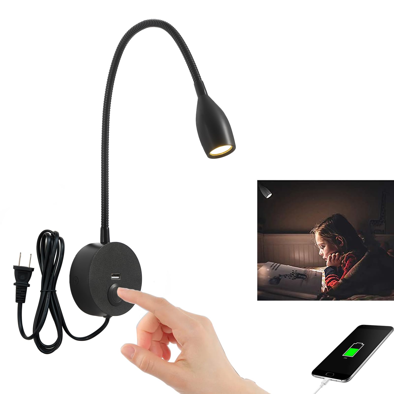 CRISETEK Reading Light Wall Mounted Reading Light headboard Touch Switch Dimmable Reading Lamp Task Directional LED Gooseneck Light AC (120V) Plug in Cable Powered 3W (Matte Black, Warm White)