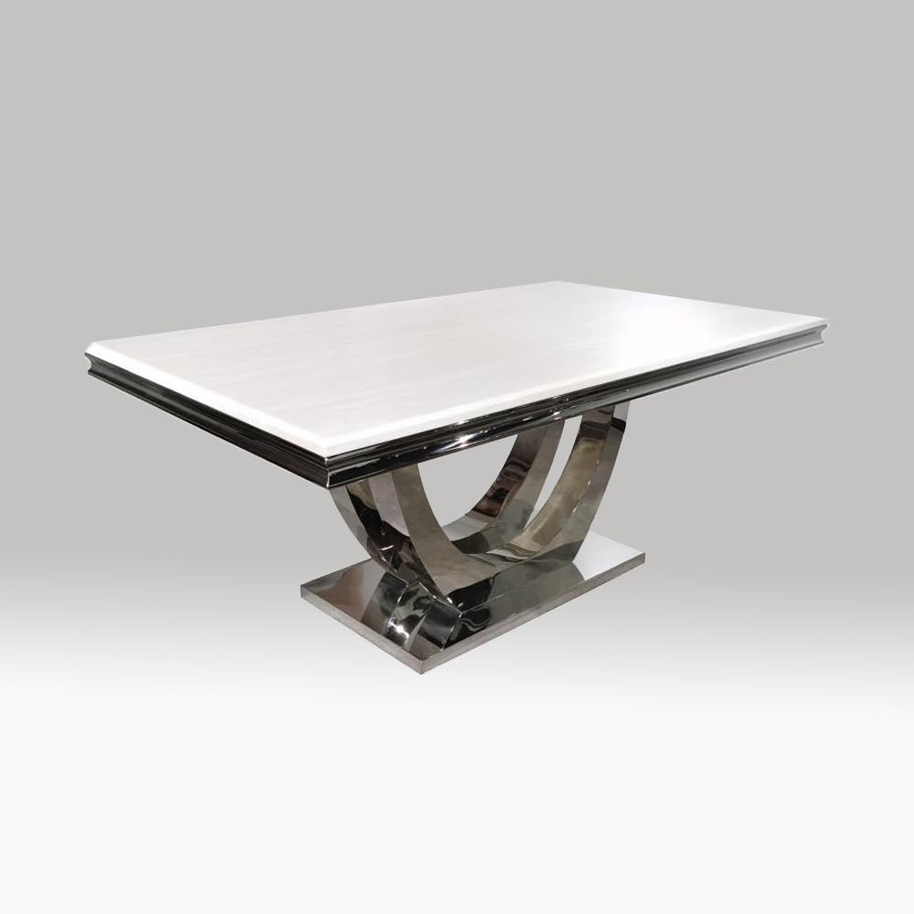 Simple Relax Rectangle Faux Marble Top Dining Table, White and Chrome
