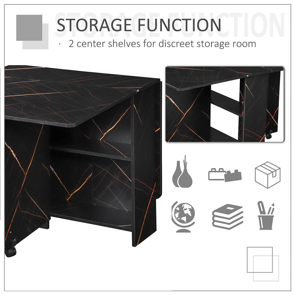 VANSPACE Folding Dining Table Drop Leaf Kitchen Table with Storage for Small Spaces Multifunction Space Saving Table Extension Dinner Table Black Marble