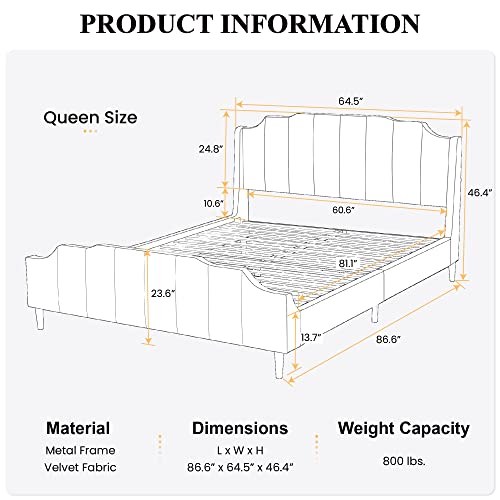 SHA CERLIN Wood Queen Size Bed Frame with Modern Curved Upholstered Wingback Headboard / Heavy Duty Platform Bed with Strong Wood Slat Support / Green
