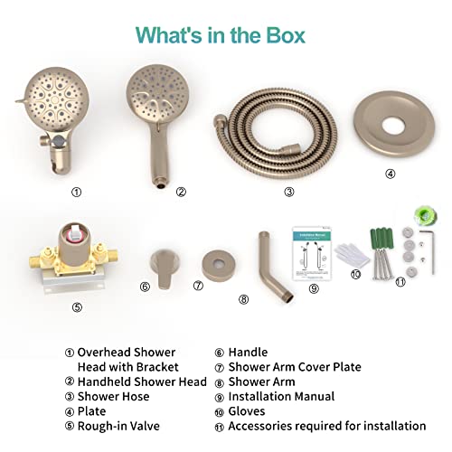 SR SUN RISE Shower System with Handheld Shower and Rain Shower Combo Set High Pressure 5-spray Dual 2 in 1 Shower Faucet Patented 3-way Diverter Brushed Nickel (Valve Include)