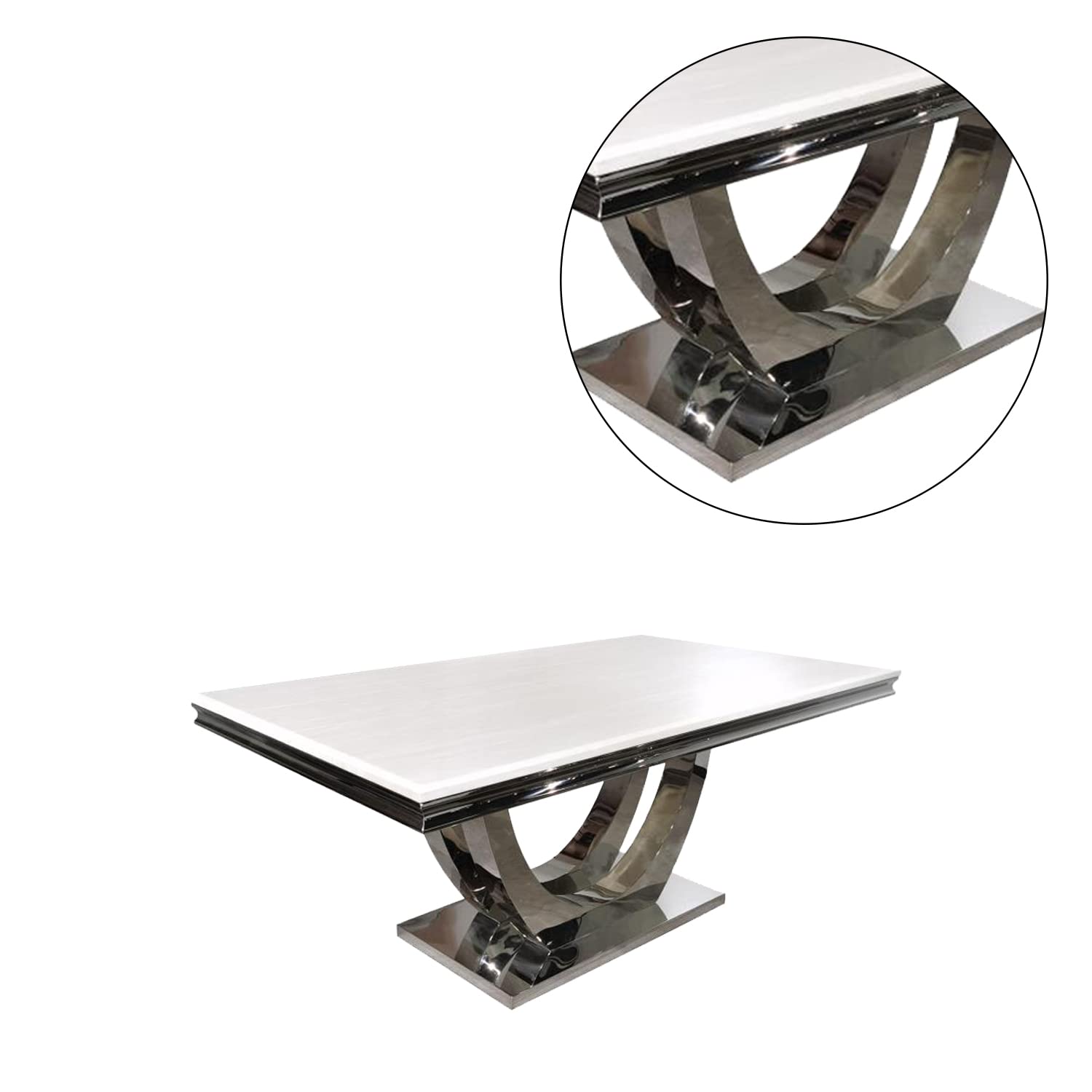 Simple Relax Rectangle Faux Marble Top Dining Table, White and Chrome