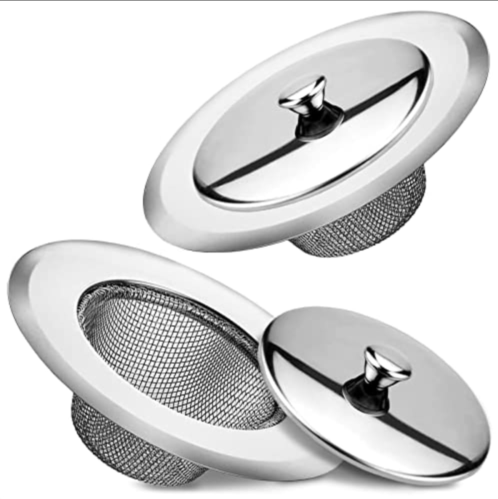 2Pcs Kitchen Sink Strainers with Lids - Stainless Steel Sink Strainer for Kitchen Sink - Hair Catcher Bathroom Sink Strainer - Anti Clogging Drain Strainer Set 4.5'' Kitchen Sink Drain Stopper Wide