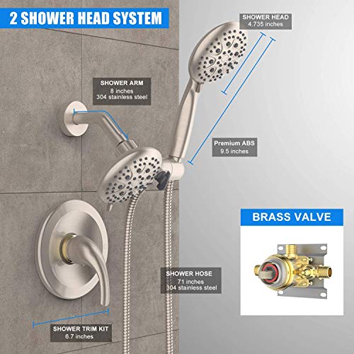 SR SUN RISE Shower System with Handheld Shower and Rain Shower Combo Set High Pressure 5-spray Dual 2 in 1 Shower Faucet Patented 3-way Diverter Brushed Nickel (Valve Include)