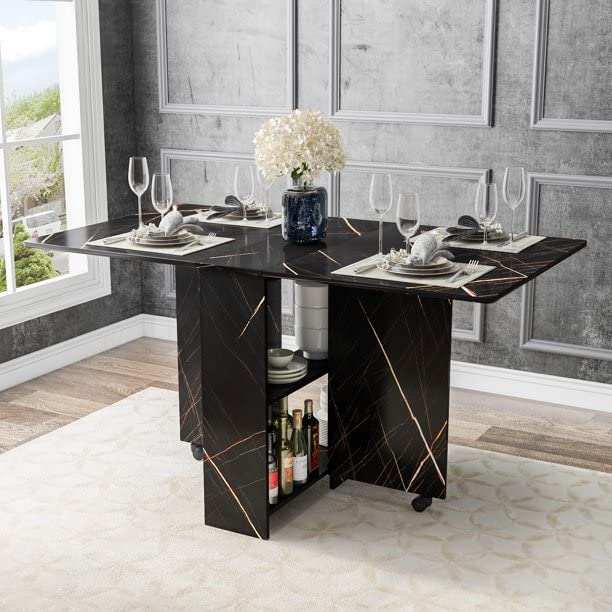 VANSPACE Folding Dining Table Drop Leaf Kitchen Table with Storage for Small Spaces Multifunction Space Saving Table Extension Dinner Table Black Marble